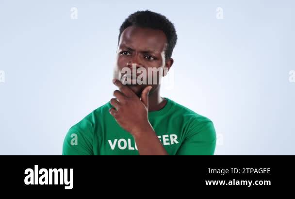 Thinking face, black man and volunteer idea for eco charity project ...