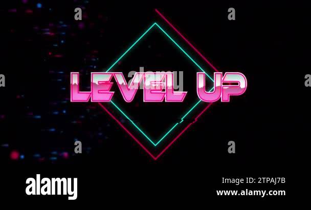 Animation of glitch effect over level up text banner against blue and ...