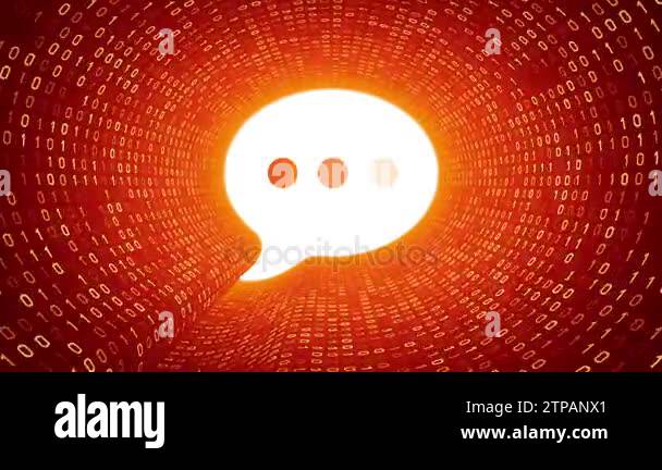 White speech bubble icon form yellow binary tunnel on orange background ...