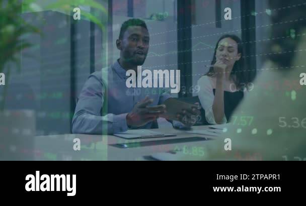 Animation of multicolored infographic interface over diverse coworkers ...