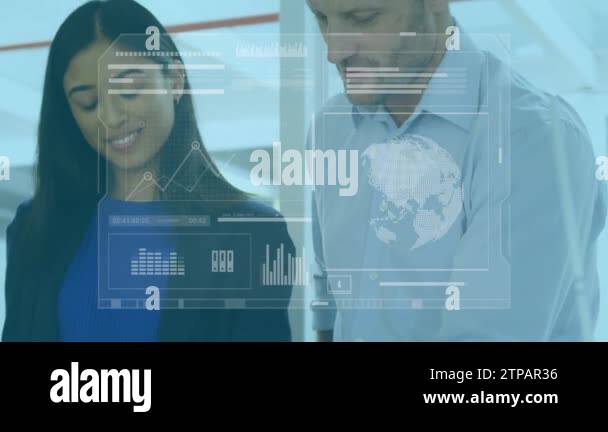 Animation of graphs, loading bars and globe over diverse coworkers analyzing reports in office ...