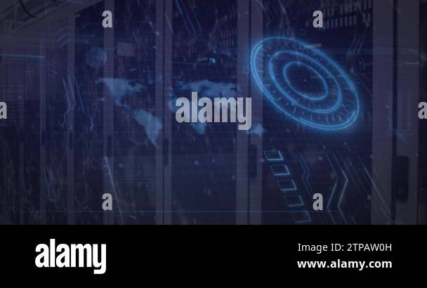 Animation Of Loading Circles Map And Circuit Board Pattern Over Data Server Racks In Server