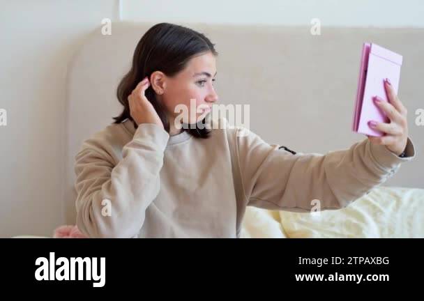 Young woman worried caused of acne inflammation and acne scar occur on ...