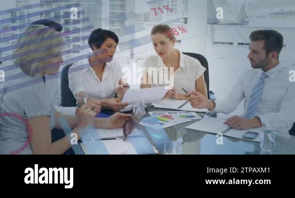 Animation of infographic interface moving over diverse colleagues ...