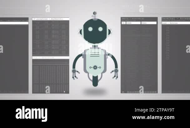 Animation of ai chatbot icon and data processing. Global artificial intelligence, connections ...