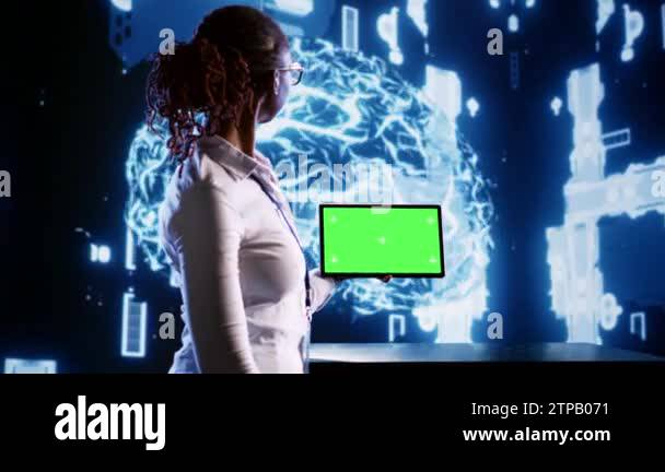 Tech Savvy Admin In Data Center With Mockup Tablet Using Artificial Intelligence Computing