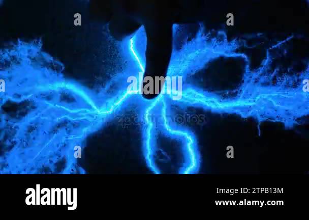 Abstract blue lightning. A man touches his hand to electricity. Aura ...