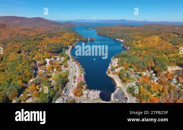 Alton Bay at Lake Winnipesaukee aerial view and village of Alton Bay in fall in town of Alton ...