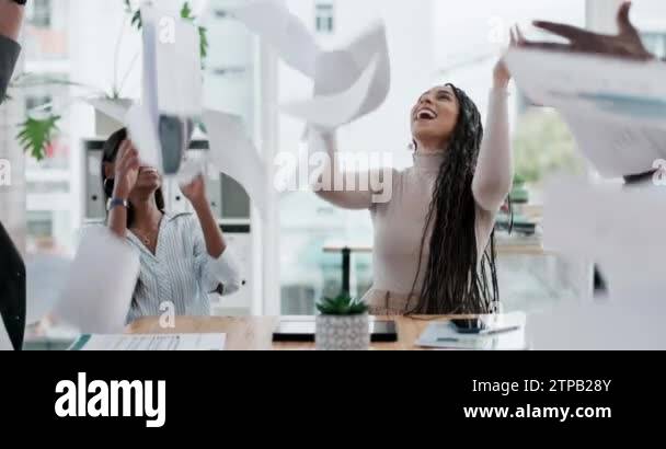 Happy business people, high five and finish with documents and applause in air for team success ...