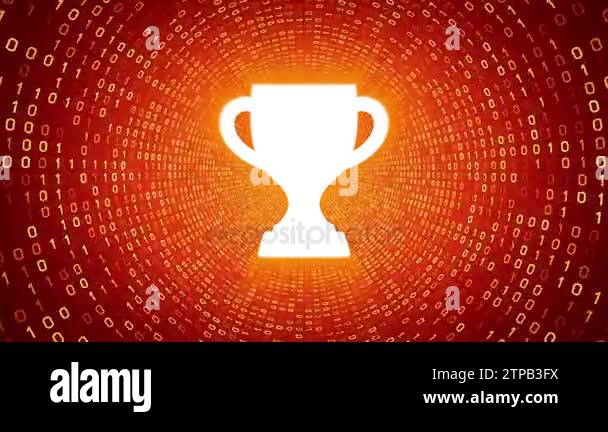 White trophy cup icon form yellow binary tunnel on orange background ...