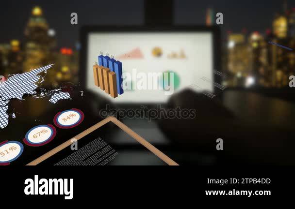 Animation of financial selling data charts diagrams, global economy growth network showing on ...