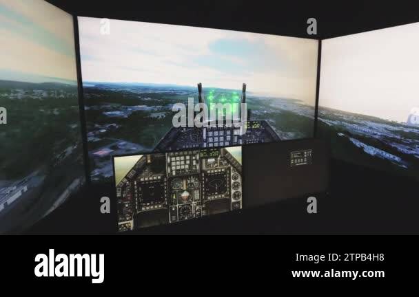 Virtual airplane approaching to runway and preparing to touch down ...