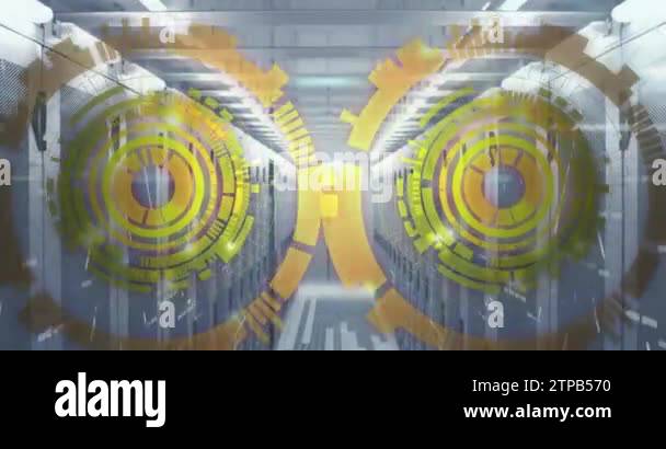 Animation of loading circles over bars on data server racks in server room. Digital composite ...