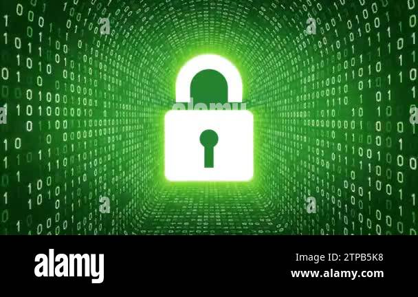 White lock icon form white binary tunnel on green background. Computer security concept ...