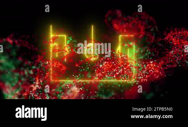Animation of red and green digital wave over neon yellow soccer field layout on black background ...