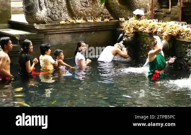 Unidentified Balinese families come to the sacred springs water temple of Tirta Empul in Bali ...