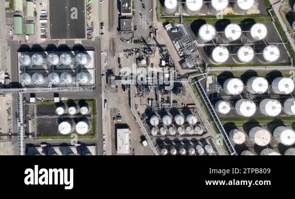 Top down aerial view on a storage silos container facility, refinery ...