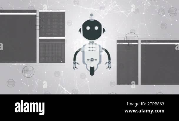Animation of ai chatbot icon and data processing. Global artificial intelligence, connections ...