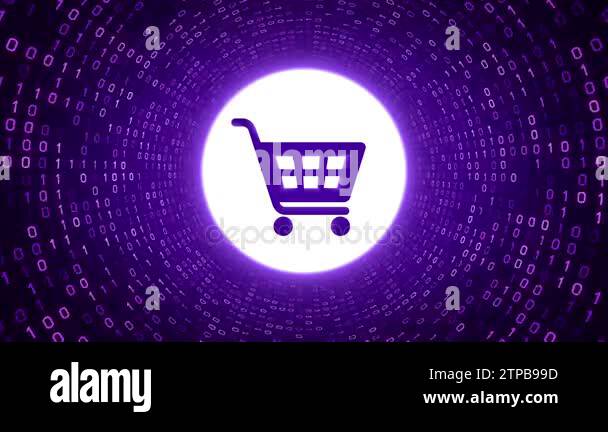 Purple shopping cart icon form white binary tunnel on purple background ...