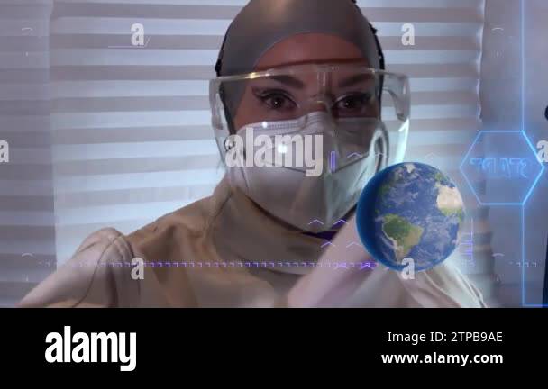 Female scientist press start button to analyzes data from a touch ...