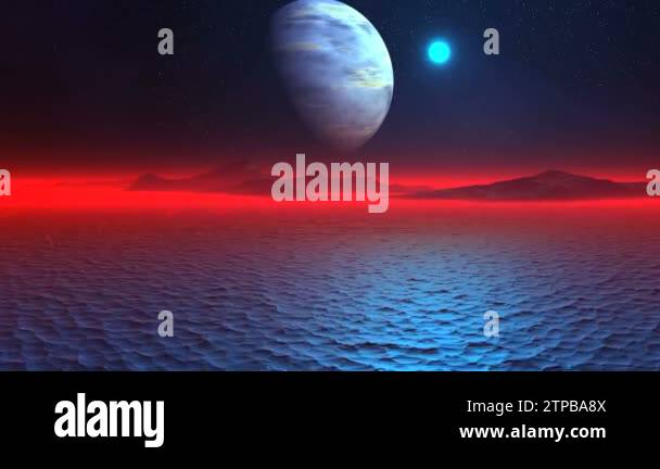 Ice Desert on the Alien Planet. On a dark starry sky huge planet (moon ...