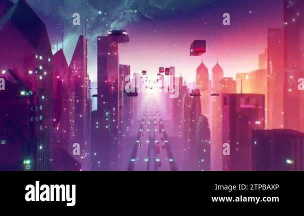 Futuristic cyberpunk city skyline flythrough. Looping 3D Animation. Sci ...