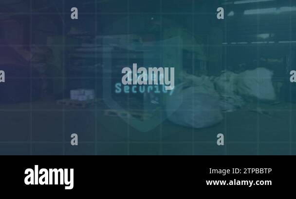 Animation of cyber security text, shield, loading circles and graphs over aerial view of ...