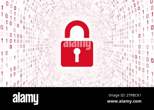 Red lock icon form red binary tunnel on white background. Computer security concept. Seamless ...