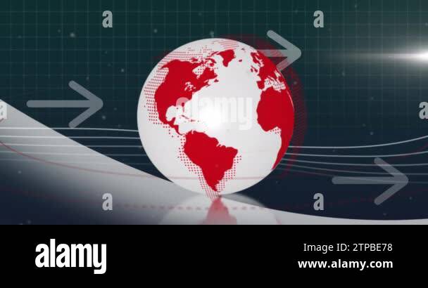 Animation of spinning globe and arrow icons moving sidewards on green ...