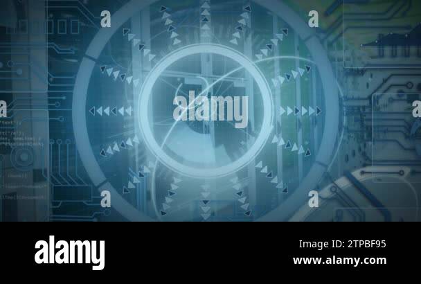 Animation of arrow and 5g text in loading circles, circuit board pattern over data server room ...