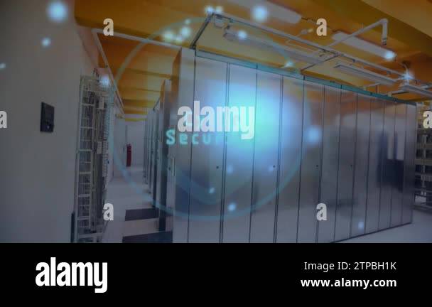 Animation of cyber security text in shield, globe in loading circles and lens flares server room ...