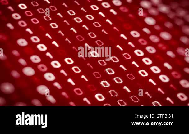 Technology red background with binary code moves downwards on digital screen. Seamless loop ...
