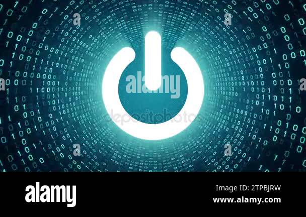 White on off button symbol form cyan binary tunnel on cyan background ...