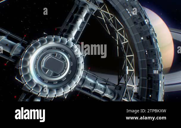 Saturn on backdrop. Spaceship flies into the door of giant space torus ...