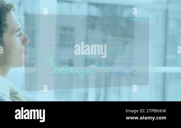Animation of statistical data processing against portrait of biracial businessman smiling at ...