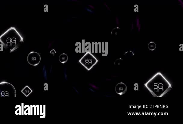 Animation of network of 5g and 6g text over glowing light trails. Global networks, connections ...