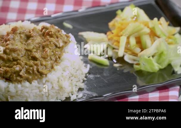 Delicious steamy White Rice with soy sauced red beef meat, healthy ...