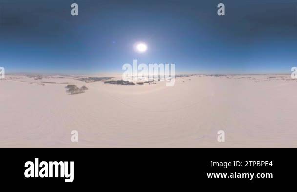 360 VR drone aerial view of cold winter landscape arctic field, trees ...