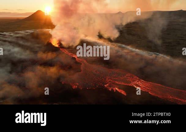 Volcano eruption, Red hot burning lava erupts from ground in Iceland ...