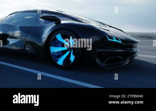 black futuristic electric car on highway in desert. Very fast driving ...
