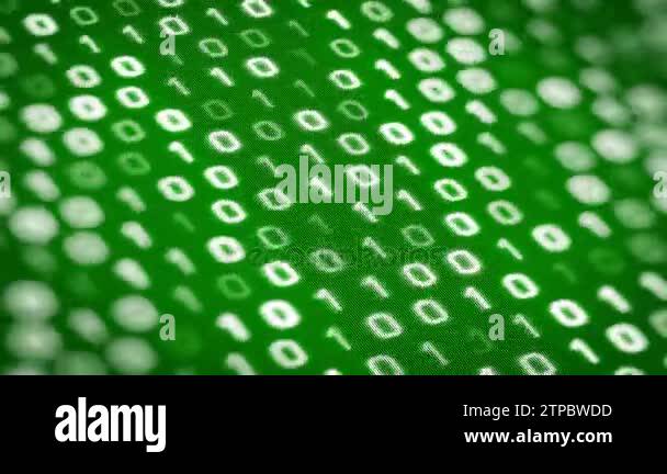Technology green background with animated strokes of binary code on digital screen. Seamless ...