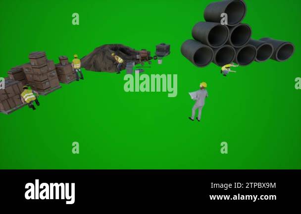 3D animation of construction engineers watching in the green screen ...