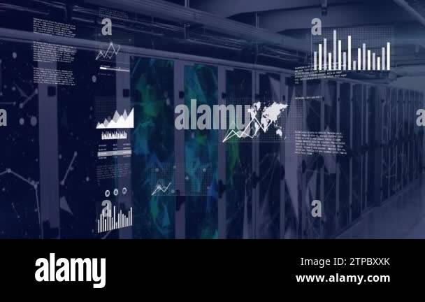 Animation of graphs, map, globe and connected dots over data server ...