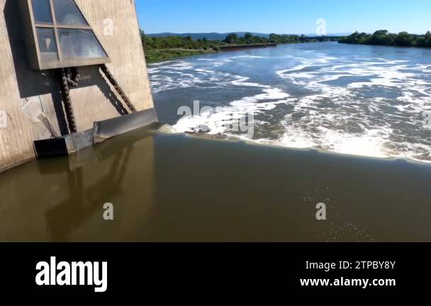 Strong current in the Danube river after opening the overflow at a lock ...