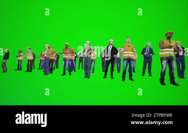 3D animation of workers' protests in a half finished building standing ...