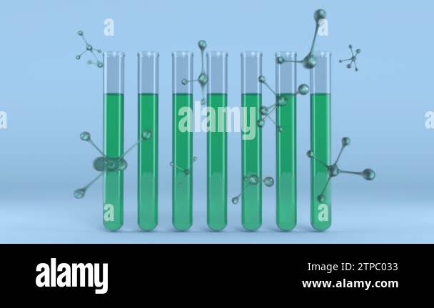Animation of green liquid filled test tubes and nucleotides over blue ...