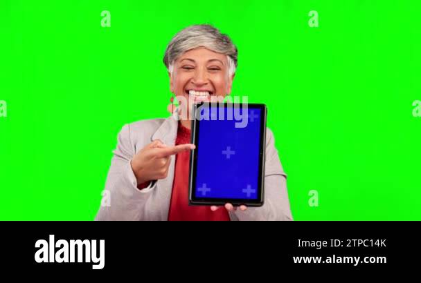 Tablet, green screen and business woman in online presentation, advertising mockup or tracking ...