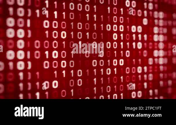 Technology red background with binary code moves from left to right on digital screen. Seamless ...
