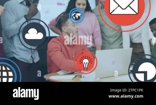 Animation of icon in circles over diverse coworkers discussing reports ...