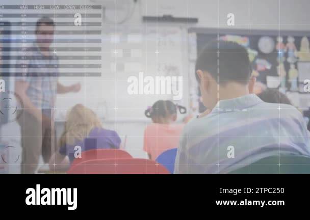 Animation of infographic interface over diverse male teacher teaching ...